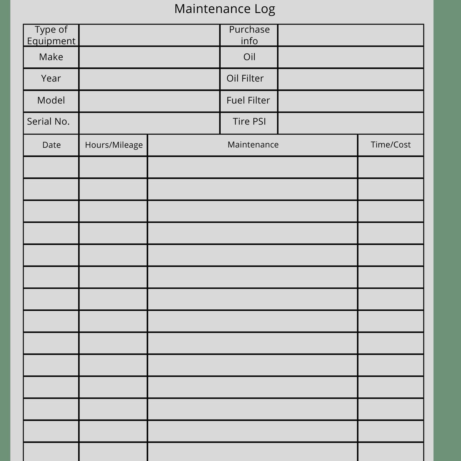 Equipment Maintenance Log Wall Chart Laminated Poster 36x24in for Farm ...