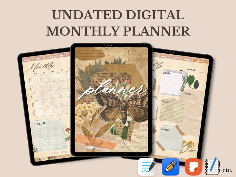 Scrapbook Vintage Undated Monthly Planner 2024, 2025, 2026, Ios ...