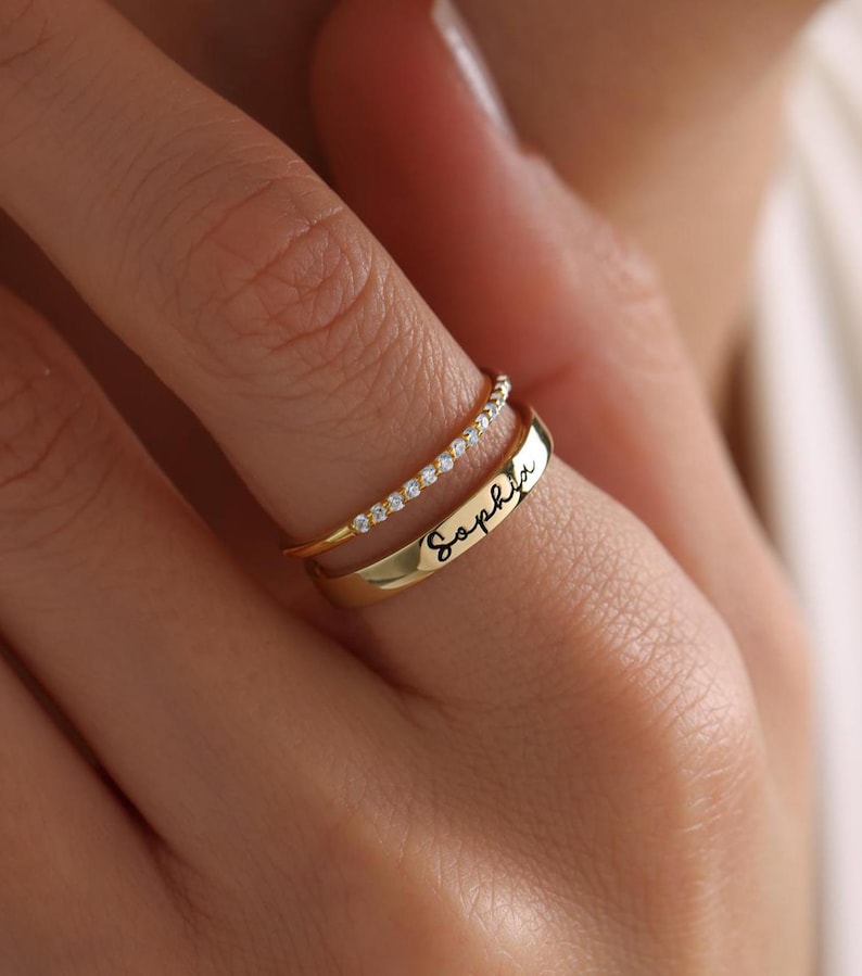 Dainty Sterling Silver Ring Set: Personalized Name Band, CZ Stacking ...