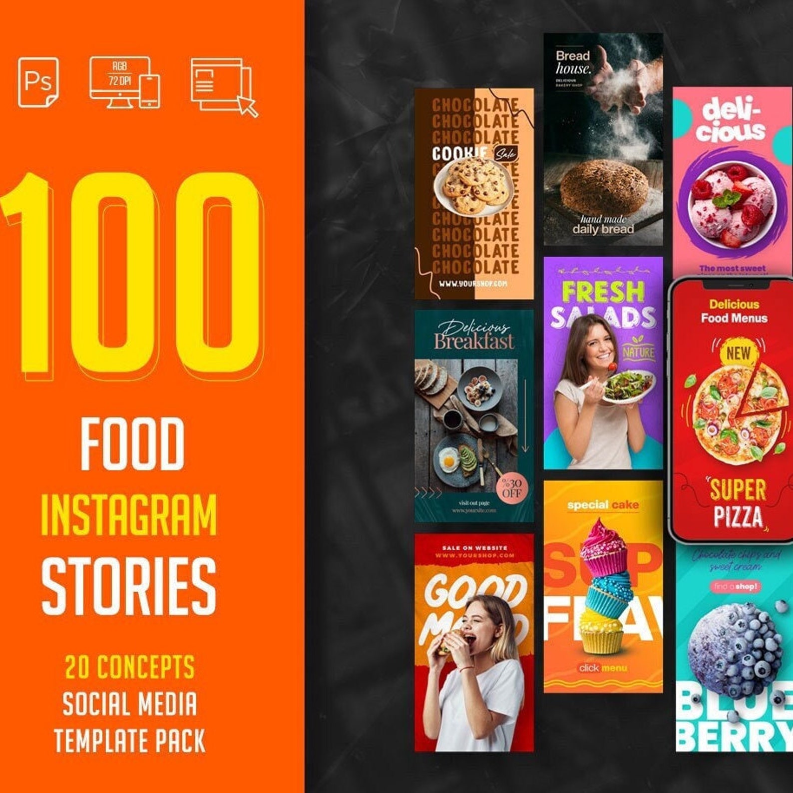 100 Food Instagram Social Media Stories Reels PSD Templates Easy Use ...