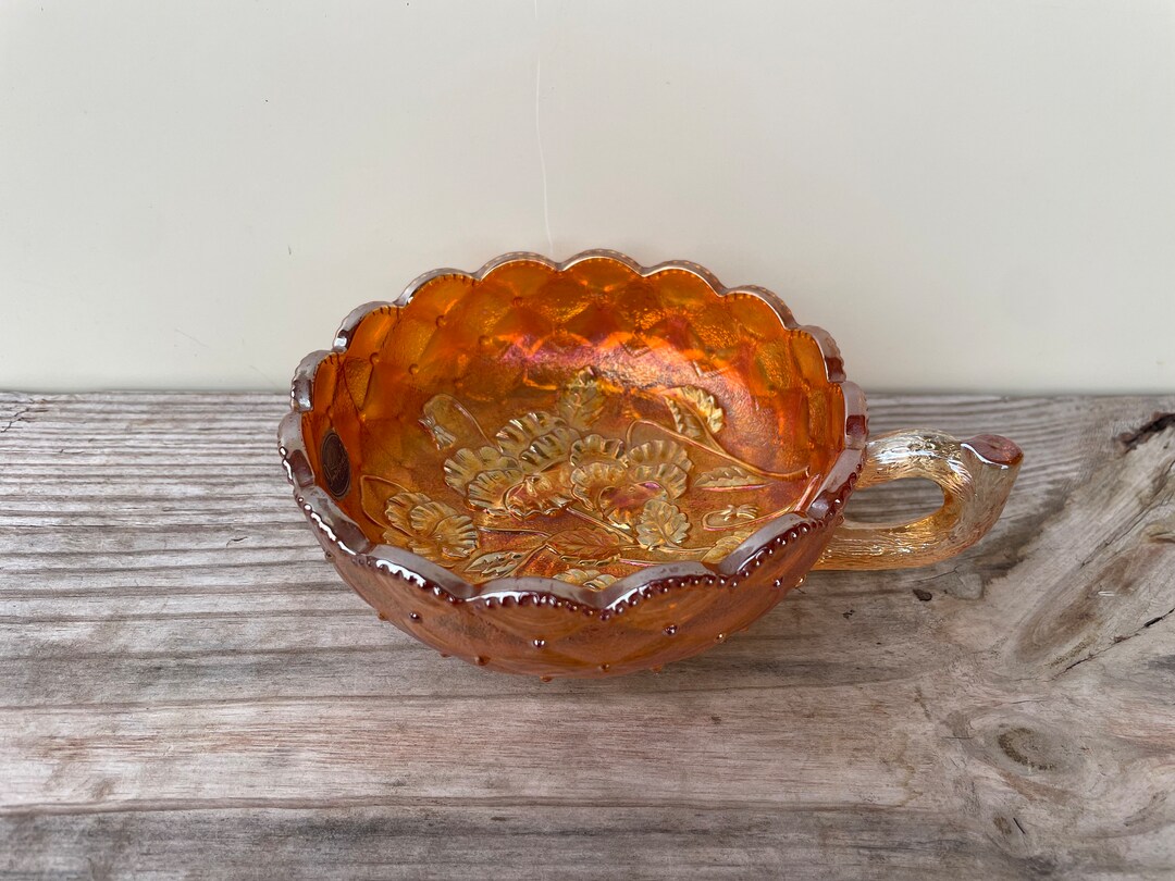 IMPERIAL GLASS CARNIVAL Orange Pansy Quilted Diamond Handled Nappy Bowl ...