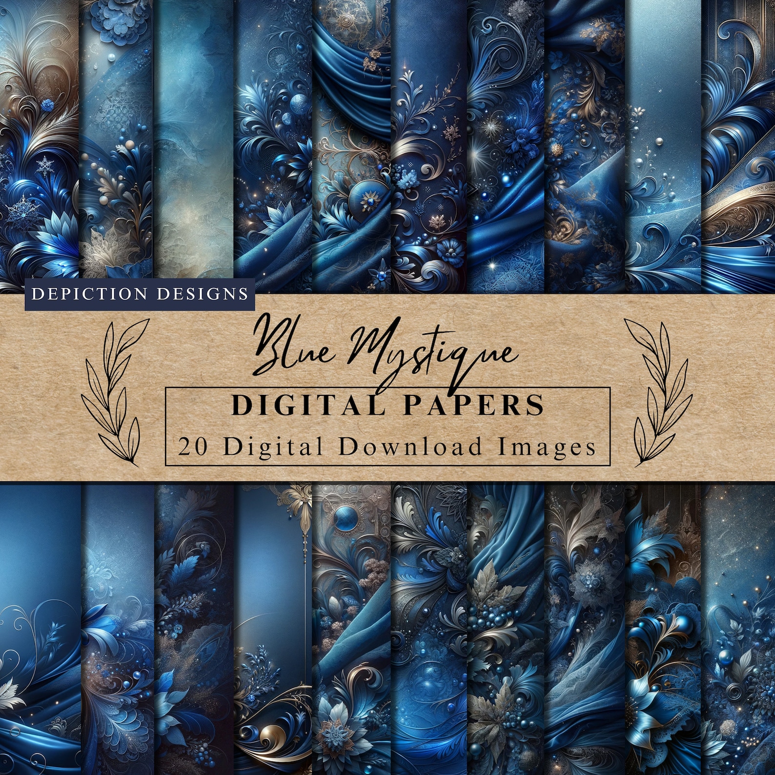 Mystical Blue Digital Papers Baroque Style Blue Themed Paper Luxury ...