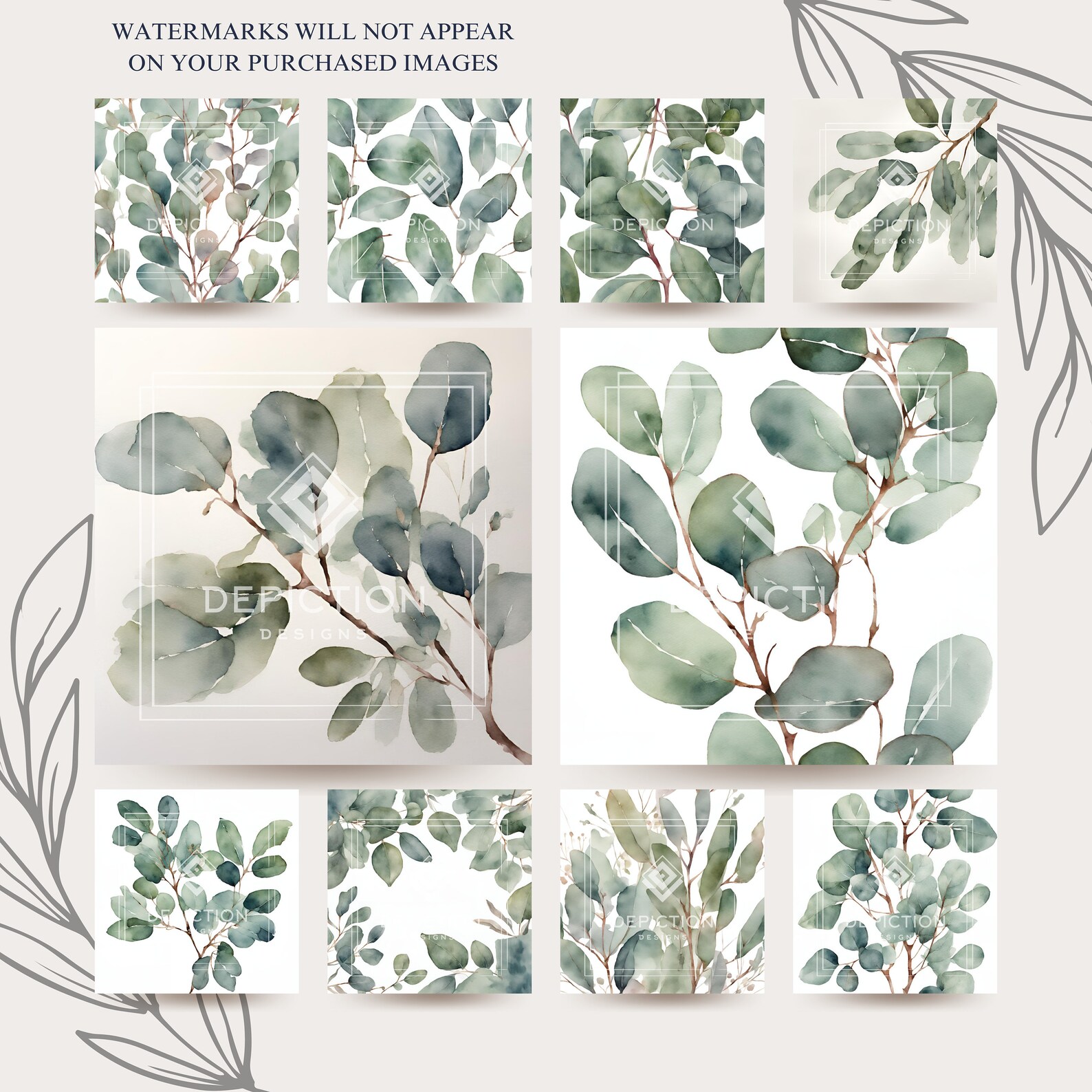 Eucalyptus Leaves Digital Papers Watercolor Leaves Scrapbook Paper ...