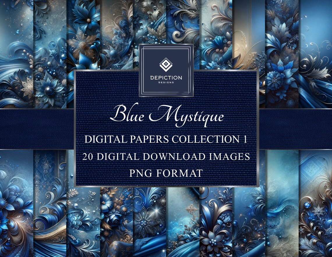 Mystical Blue Digital Papers Baroque Style Blue Themed Paper Luxury ...