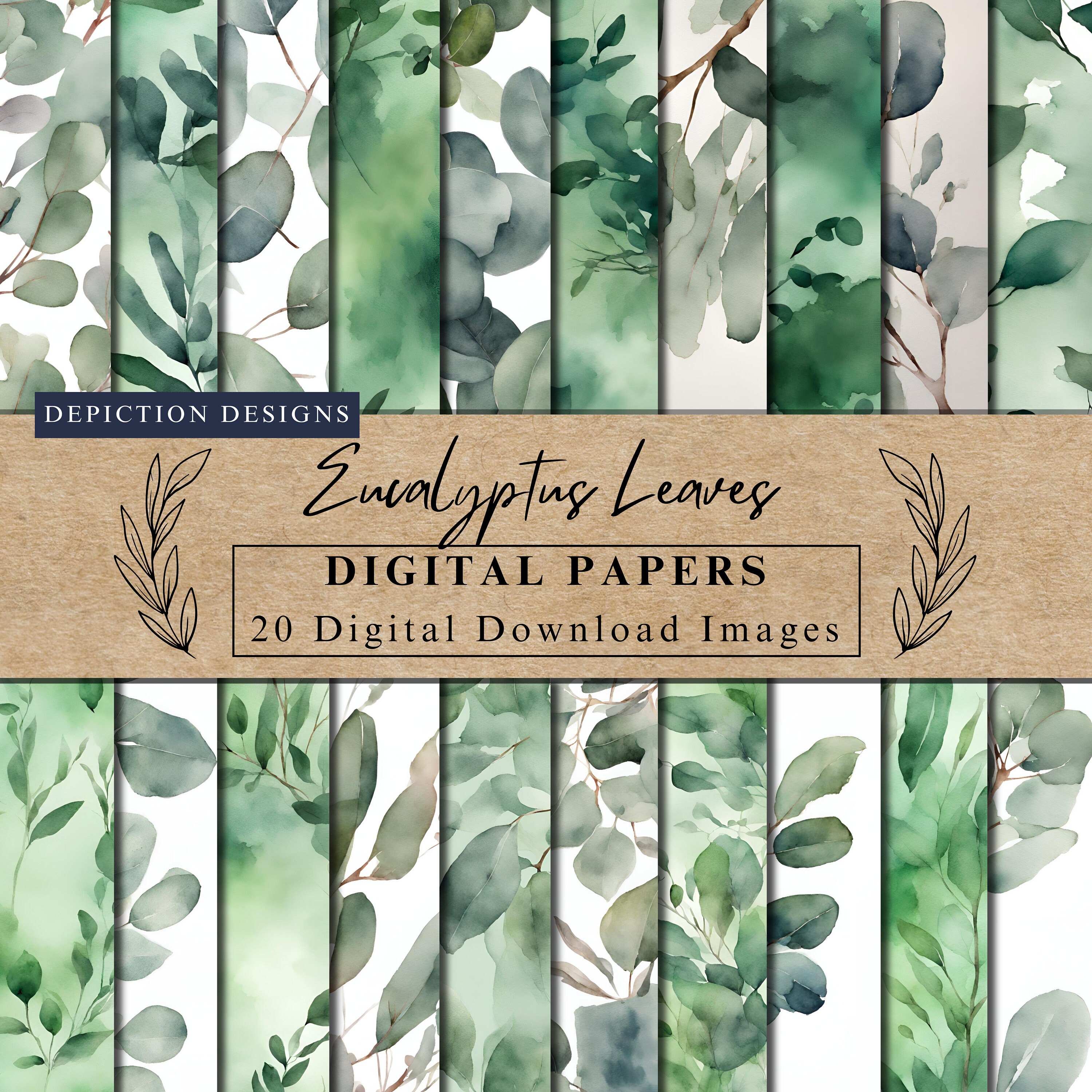 Eucalyptus Leaves Digital Papers Watercolor Leaves Scrapbook Paper ...