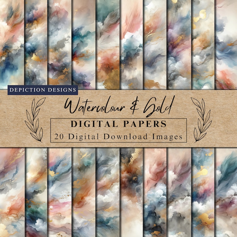 Watercolor and Gold Digital Papers Abstract Gold Foil Watercolor ...