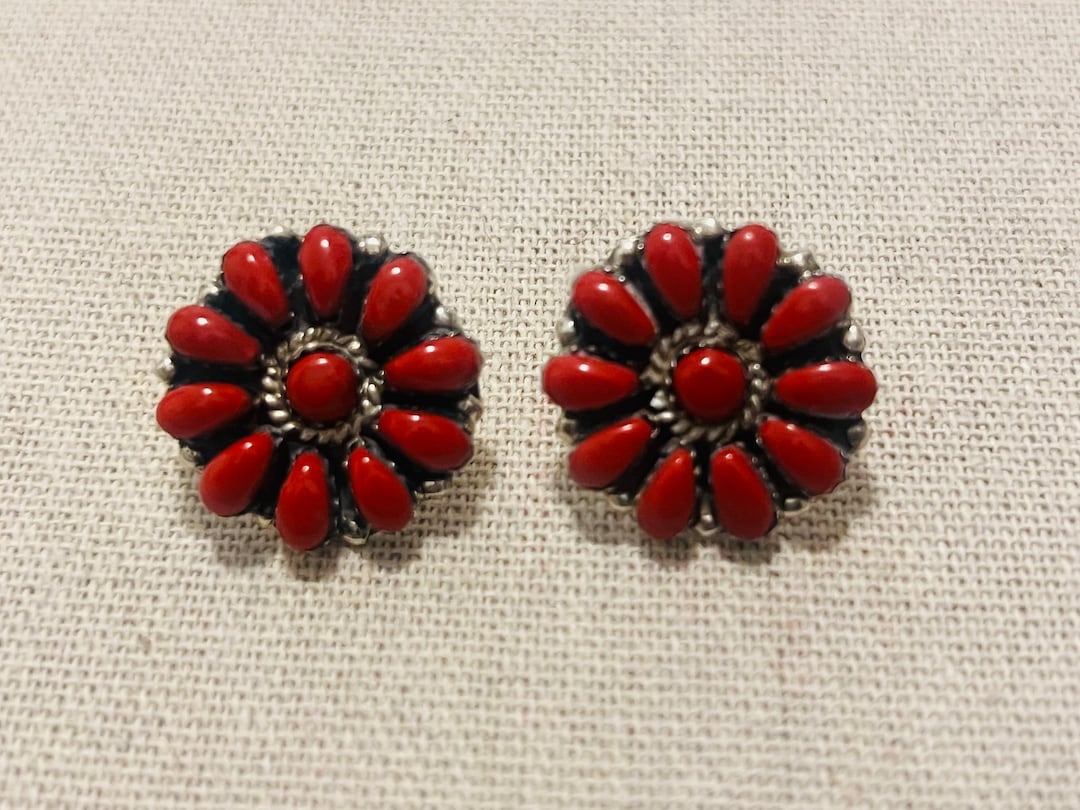 Vintage Native American, Handmade Red Coral Cluster Earrings - Etsy