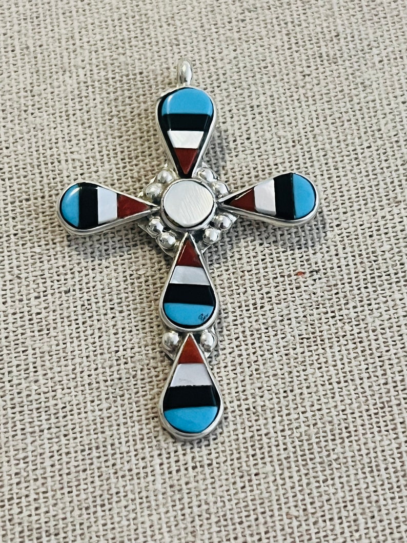 Signed Zuni Indian Pendant Multi Stone Sterling Cross Florenda Lonasee ...