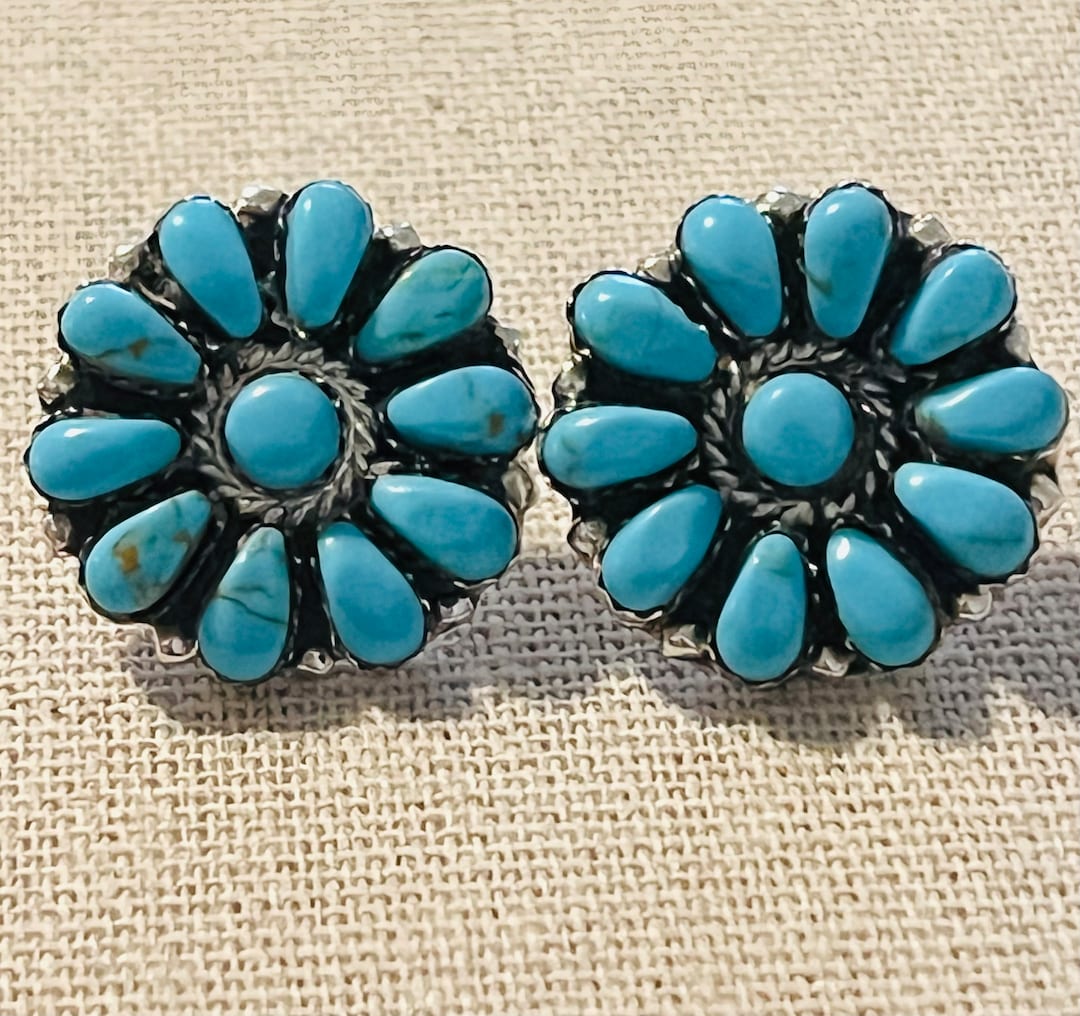 Navajo Handmade Cluster Turquoise Earrings Set in Sterling Silver - Etsy