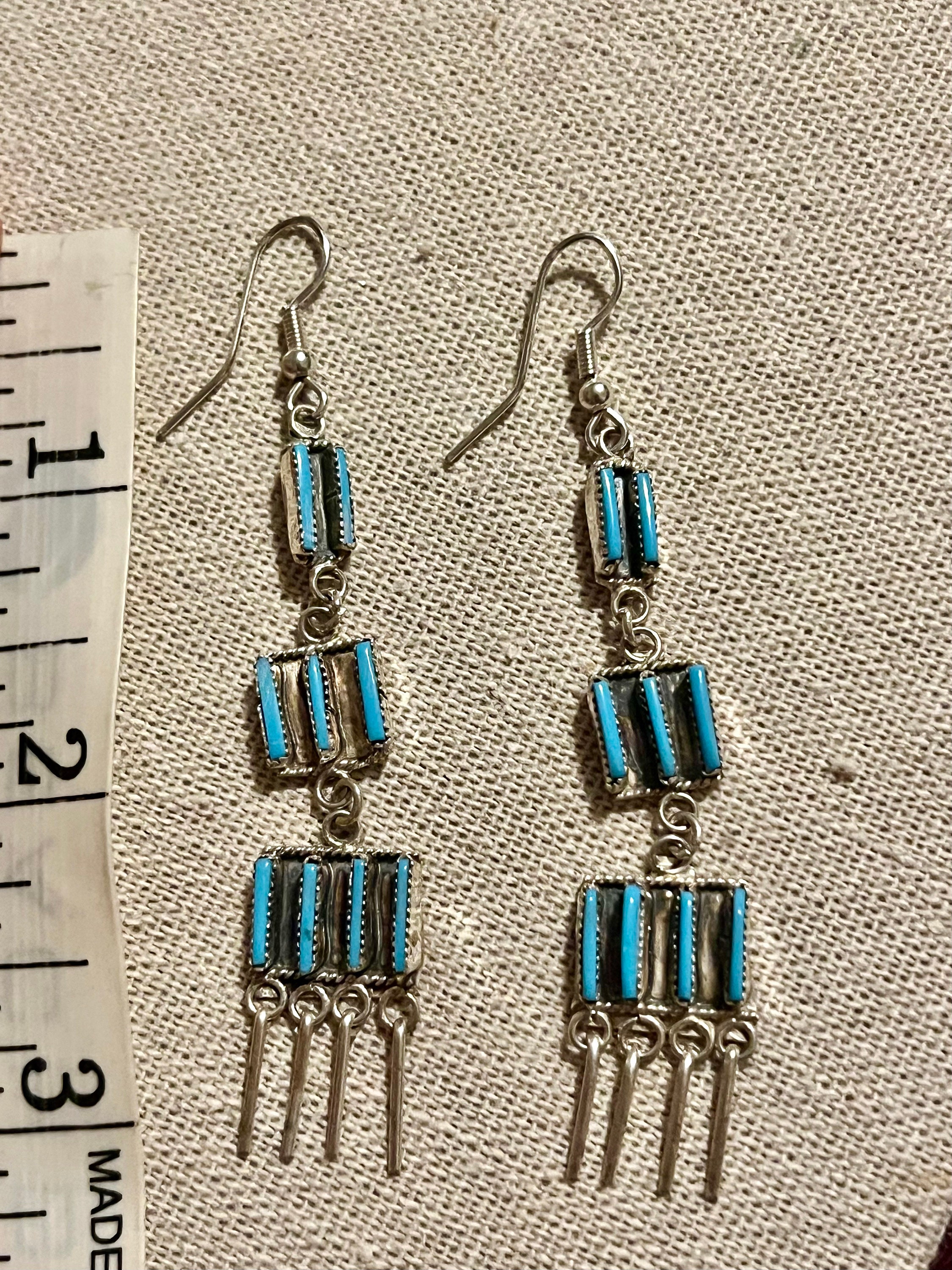 Kingman Turquoise Zuni Needle Point Sterling Silver Dangle Earrings - Etsy
