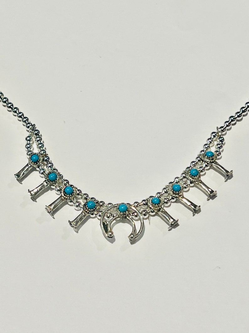 Navajo Turquoise Silver Mini Squash Blossom Necklace 16" by Larry ...