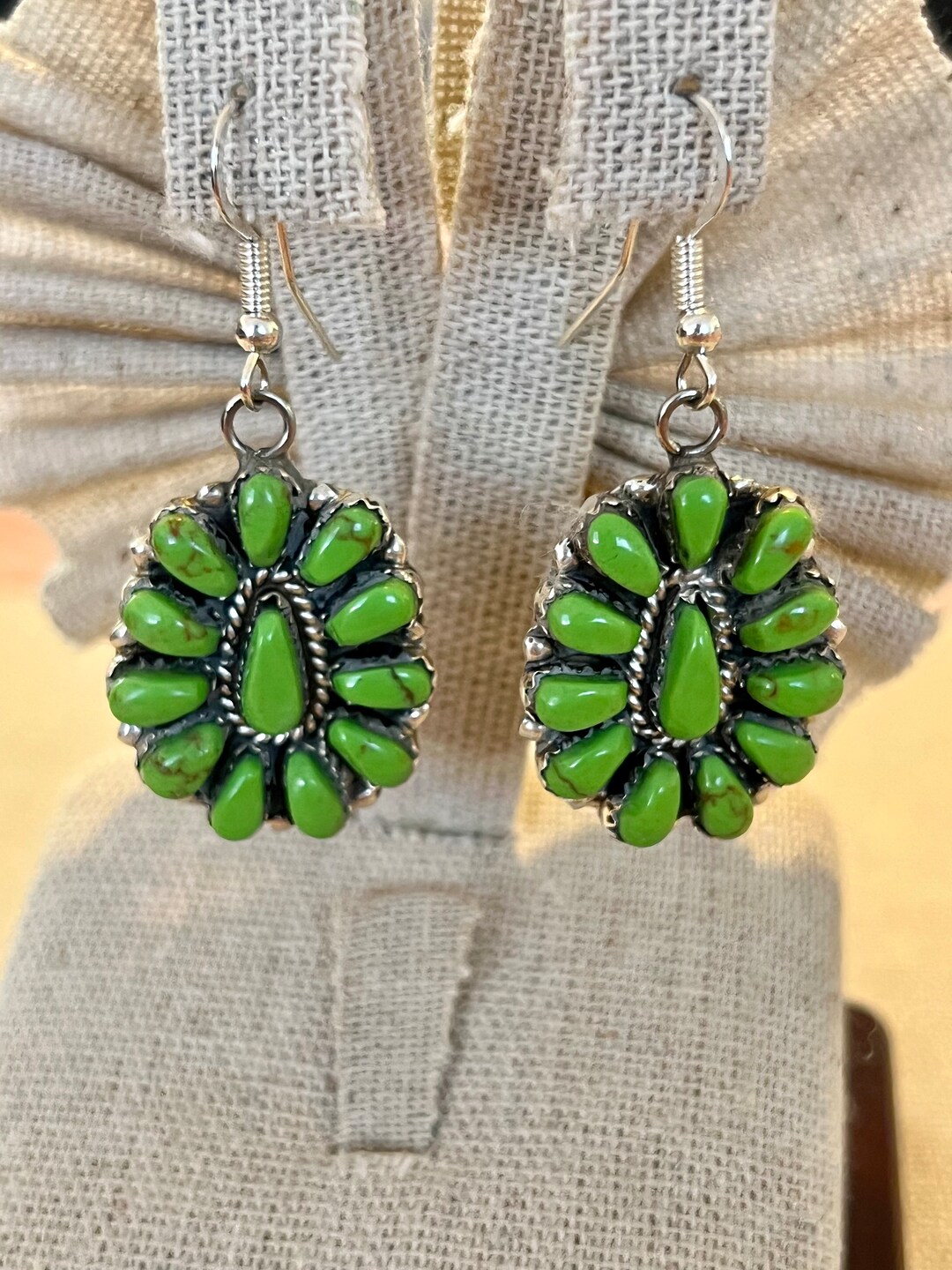 Green Gaspeite Sterling Silver Cluster Earrings, Vintage Native ...