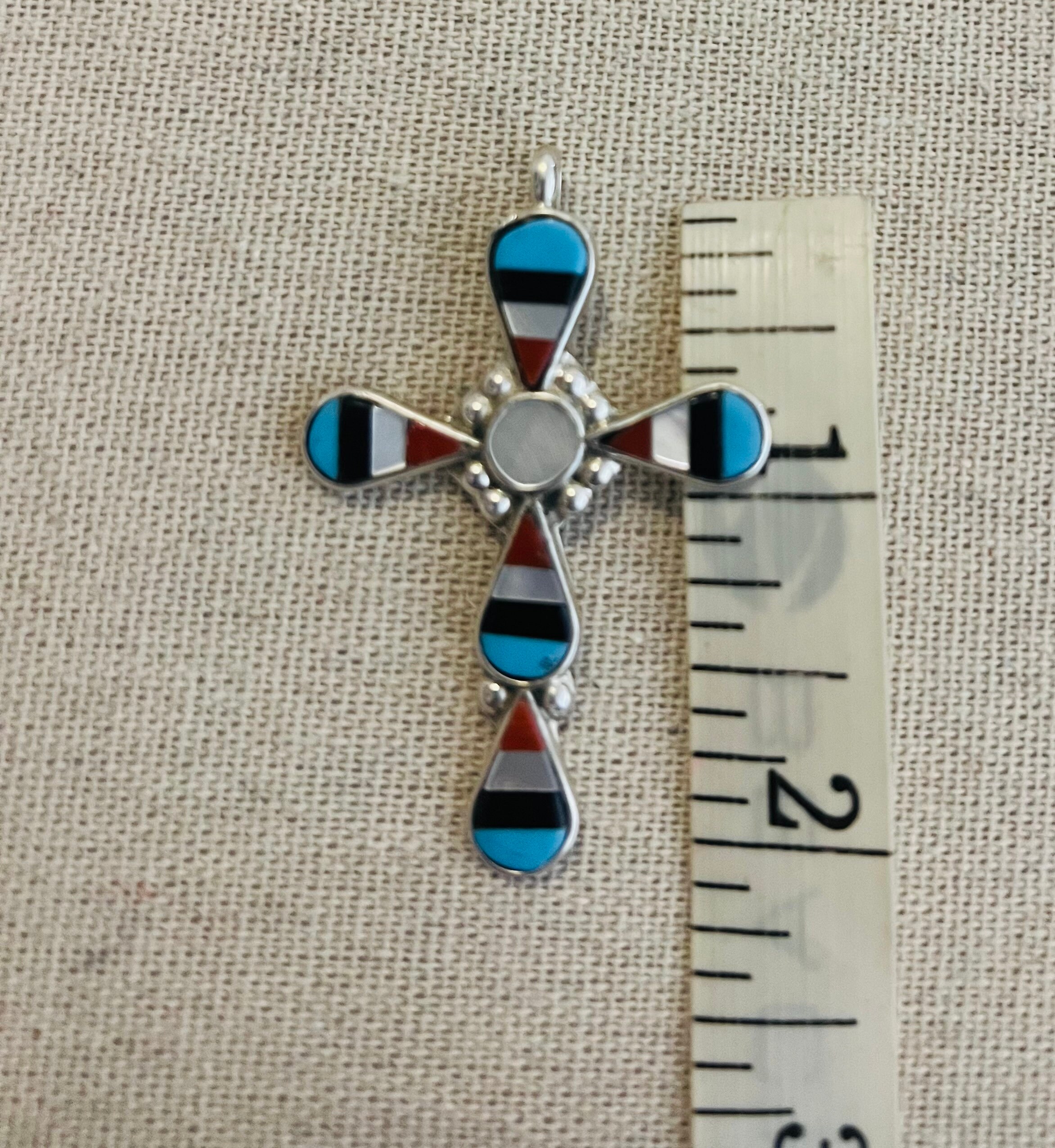 Signed Zuni Indian Pendant Multi Stone Sterling Cross Florenda Lonasee ...