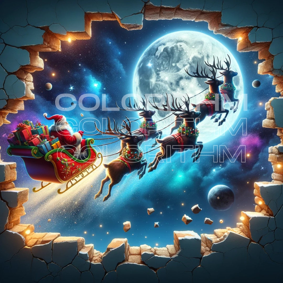 3d Santa Claus Flying in His Sleigh 3D Hole in the Wall 15x15 - Etsy