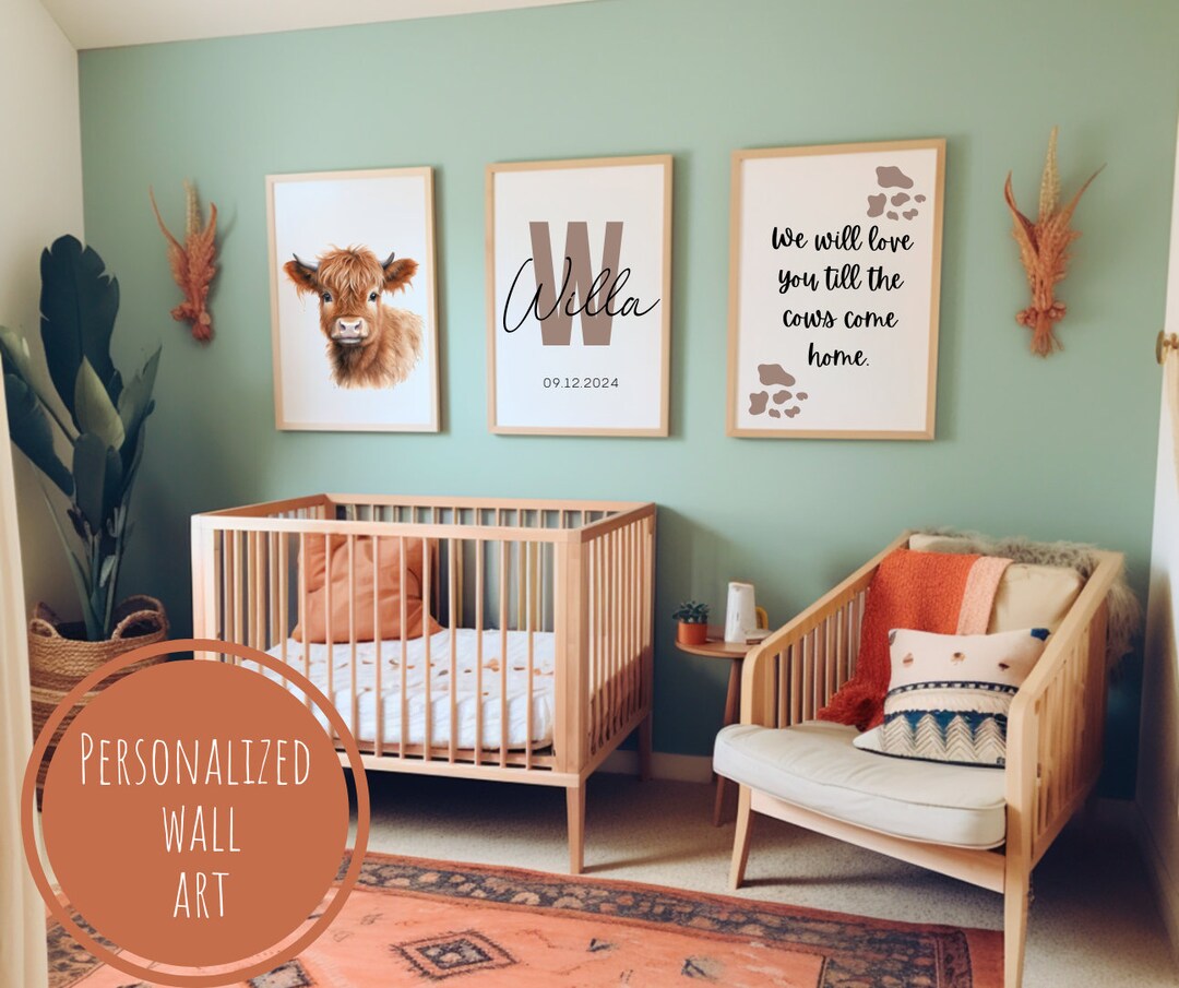 Personalized Highland Cow Wall Art, Nursery or Girl's Room, Set of 3 ...