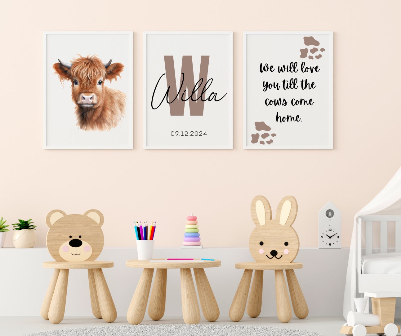 Personalized Highland Cow Wall Art, Nursery or Girl's Room, Set of 3 ...