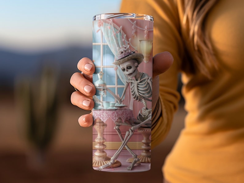 Skeleton Drinking Tea Png, 20oz Skinny Tumbler, Tumbler Wrap, Straight ...