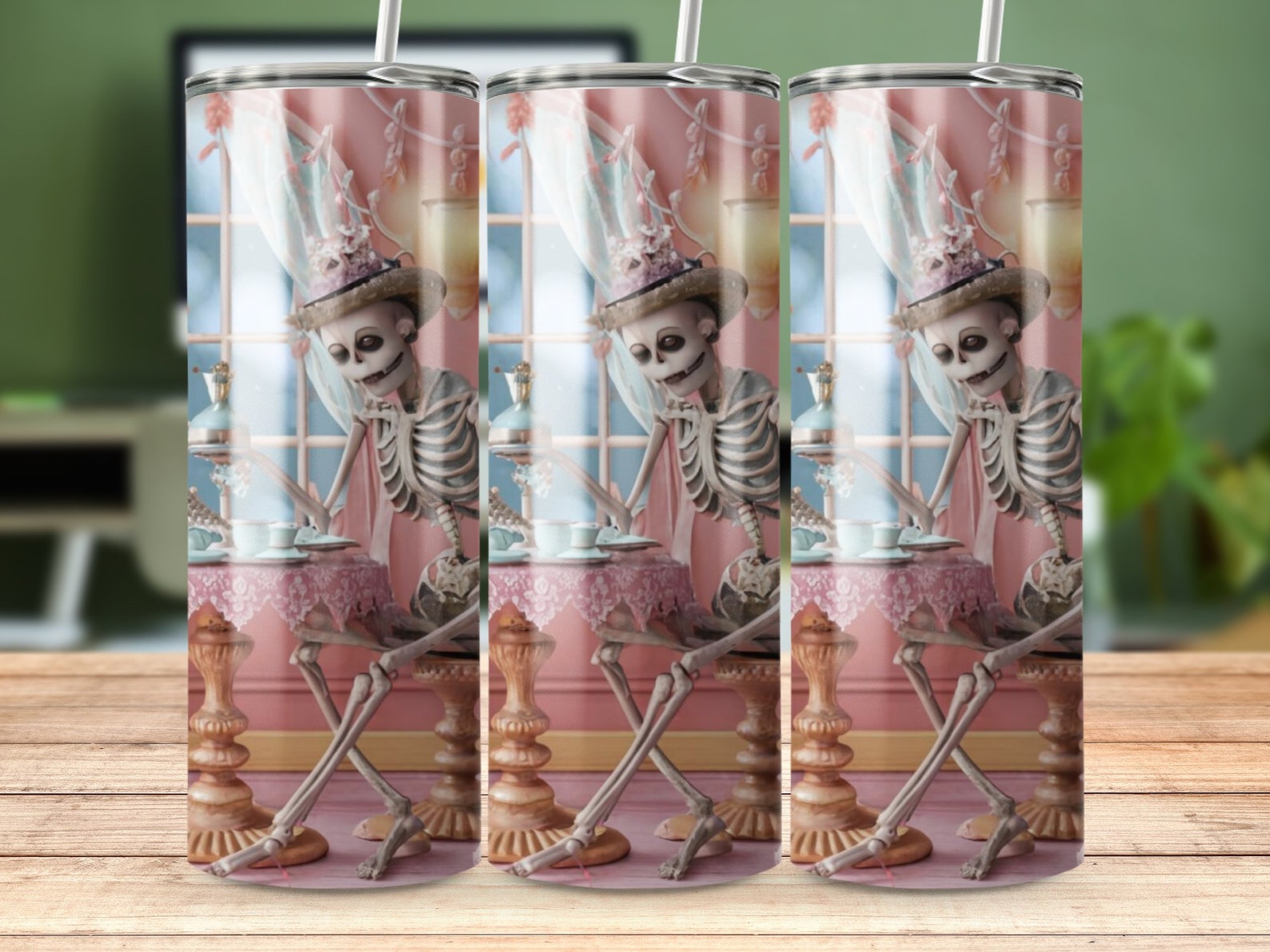 Skeleton Drinking Tea Png, 20oz Skinny Tumbler, Tumbler Wrap, Straight ...