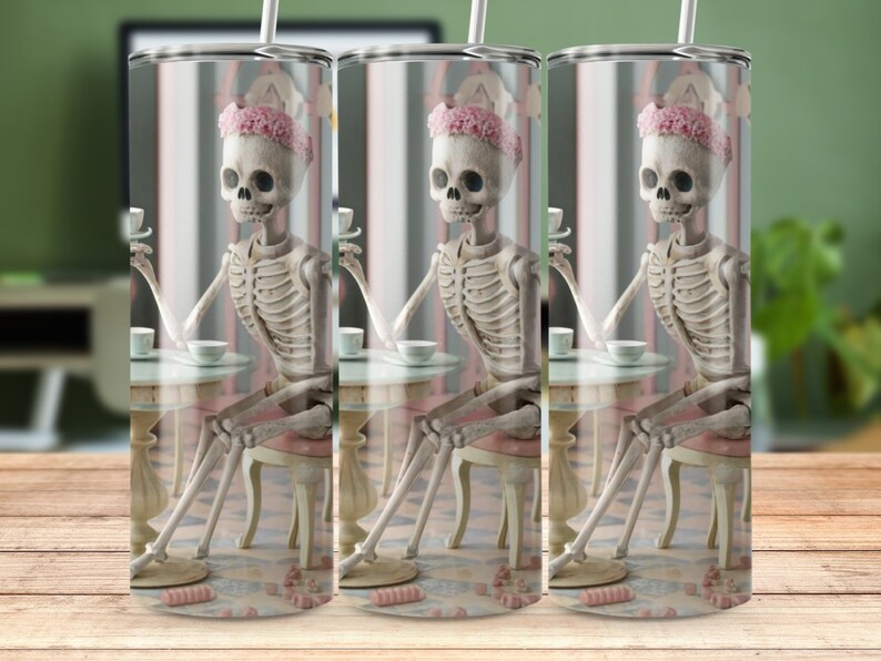 Skeleton Drinking Tea Png, 20oz Skinny Tumbler, Tumbler Wrap, Straight ...