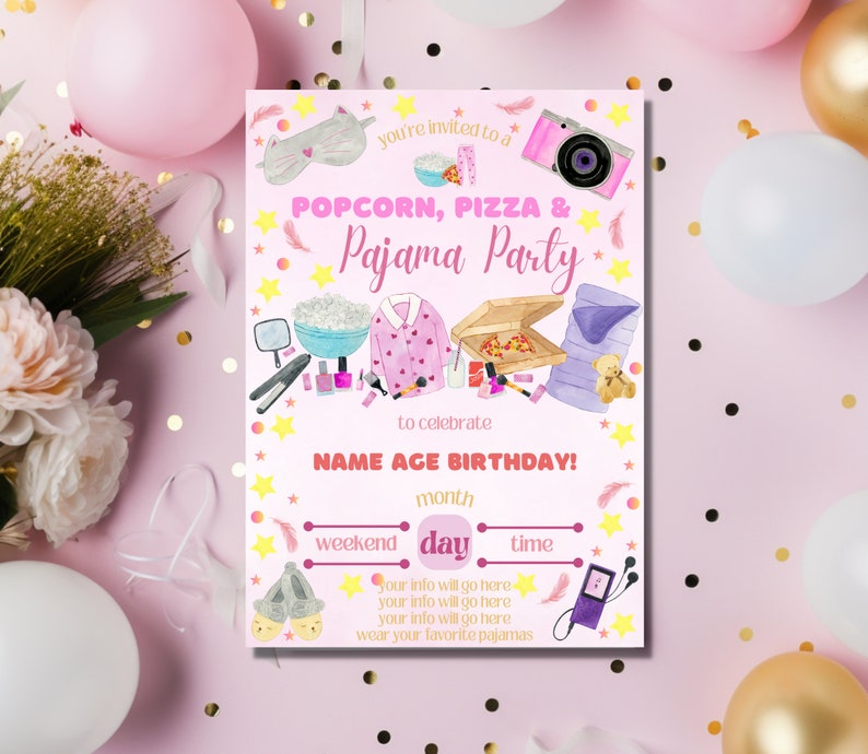 Popcorn , Pizza Pajamas Sleepover Party Digital Invitation - Pajama ...