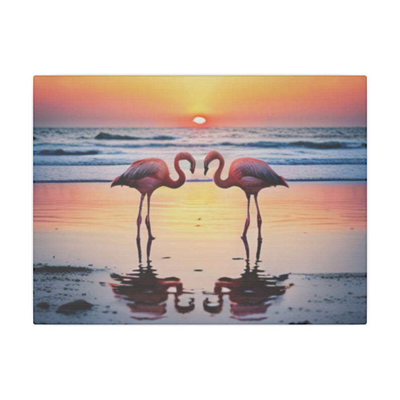 Flamingo Reflections on the Beach With a Beautiful Sunset, Matte Canvas ...