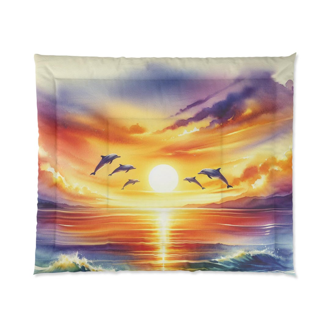 Comforter, Ocean Wildlife Bedroom Decor, Dolphin Sunset Bedding, Sea ...