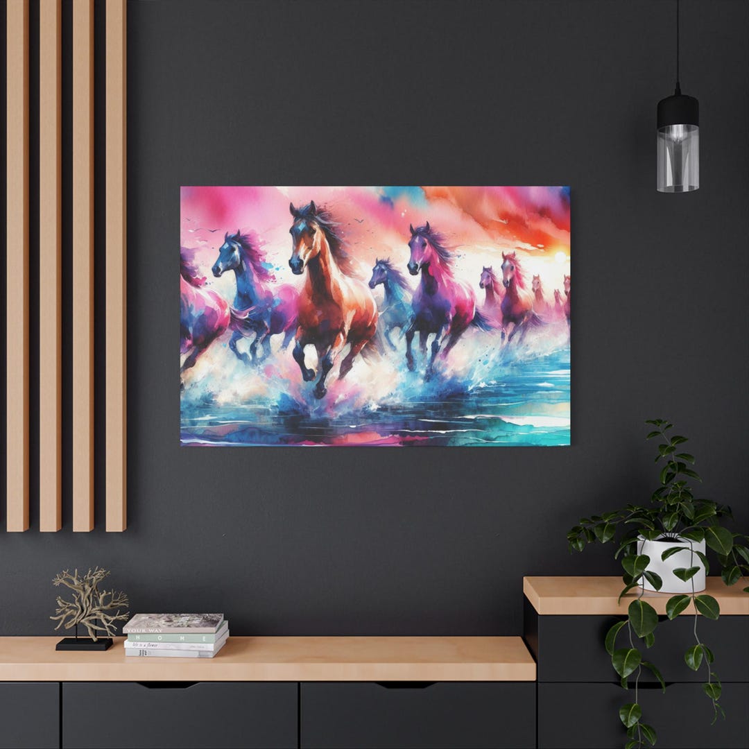 Canvas Print, Horse Stampede Wall Art, Blue Rose Tan Pink Cream, Ranch ...