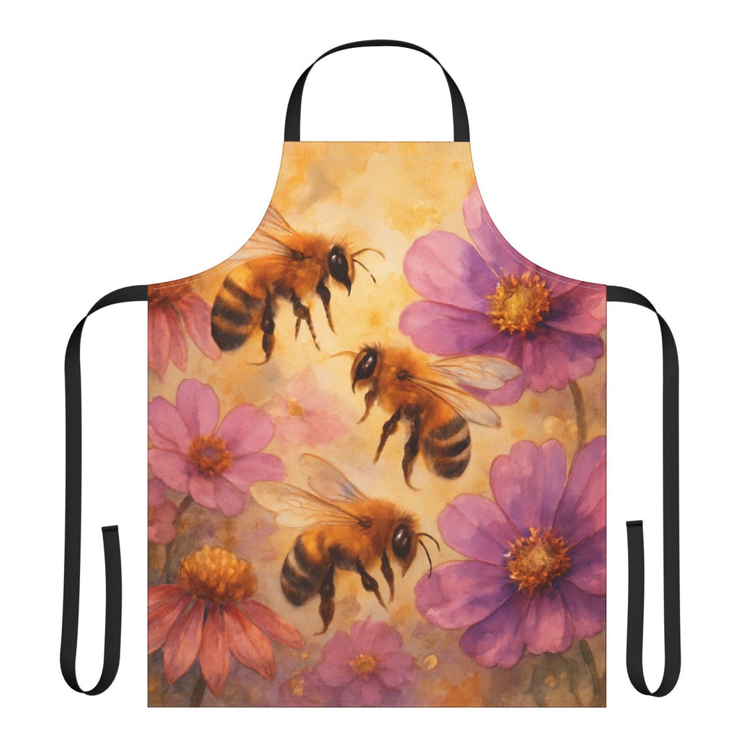 Bees and Pink Flowers Apron | Floral Bee Kitchen Apron - Etsy