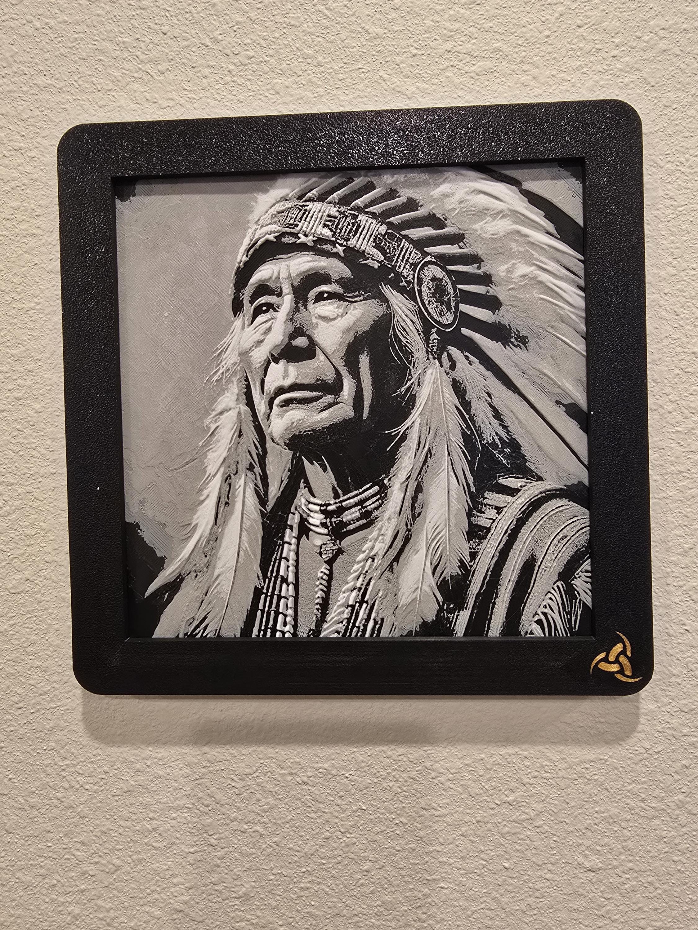 3D Printed Native American Chief Grayscale Portrait With Custom Frame ...