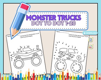 Monster Truck Dot to Dot Worksheets: Kids Activity (PDF & JPG) - Etsy