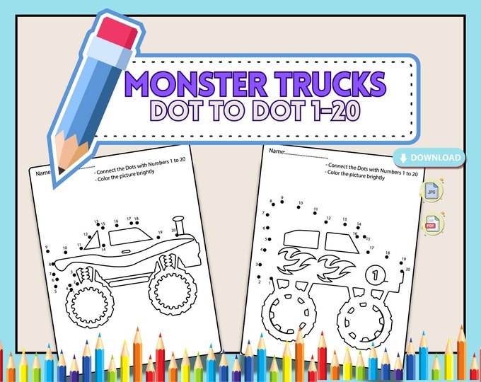 Monster Truck Dot to Dot Worksheets: Kids Activity (PDF & JPG) - Etsy