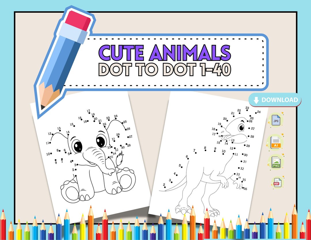 50 Cute Animals Dot to Dot Workshets, 1-40 Numbers, Activity Pages for ...