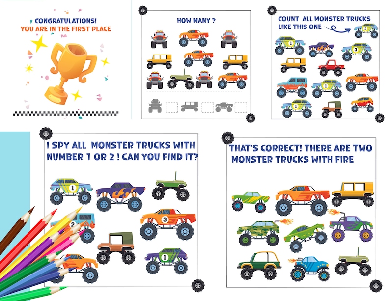 I Spy Monster Trucks Activity Book for Kids 20 Fun Worksheets Printable ...
