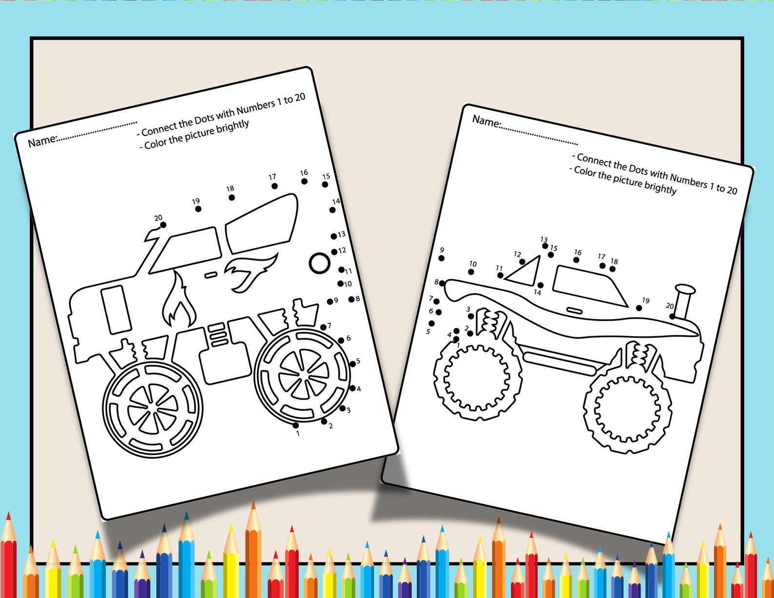 Monster Truck Dot to Dot Worksheets: Kids Activity (PDF & JPG) - Etsy