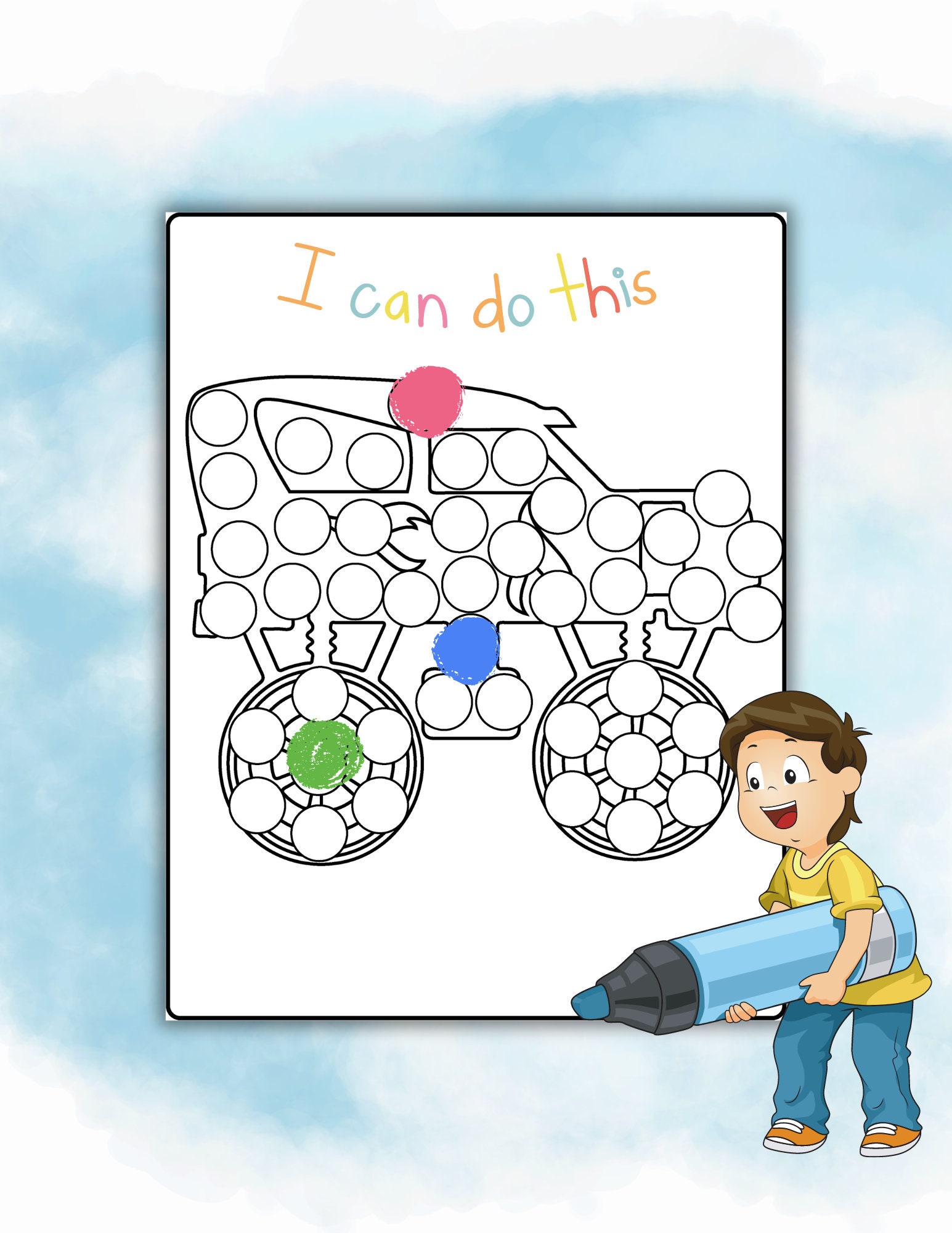 Monster Truck Dot Marker and Coloring Pages for Kids 7 Printable Pages ...