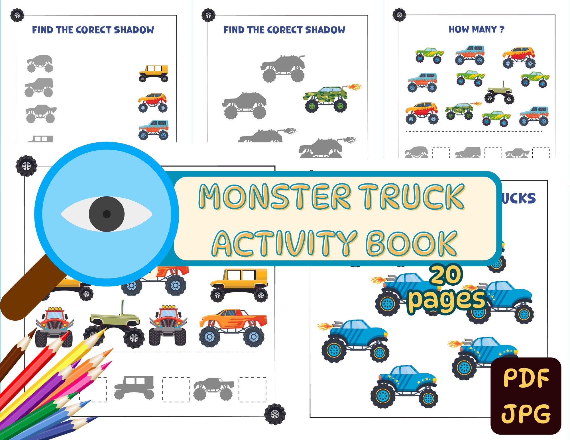 I Spy Monster Trucks, 20 Kids Activity Worksheets, Book for Kids, All ...