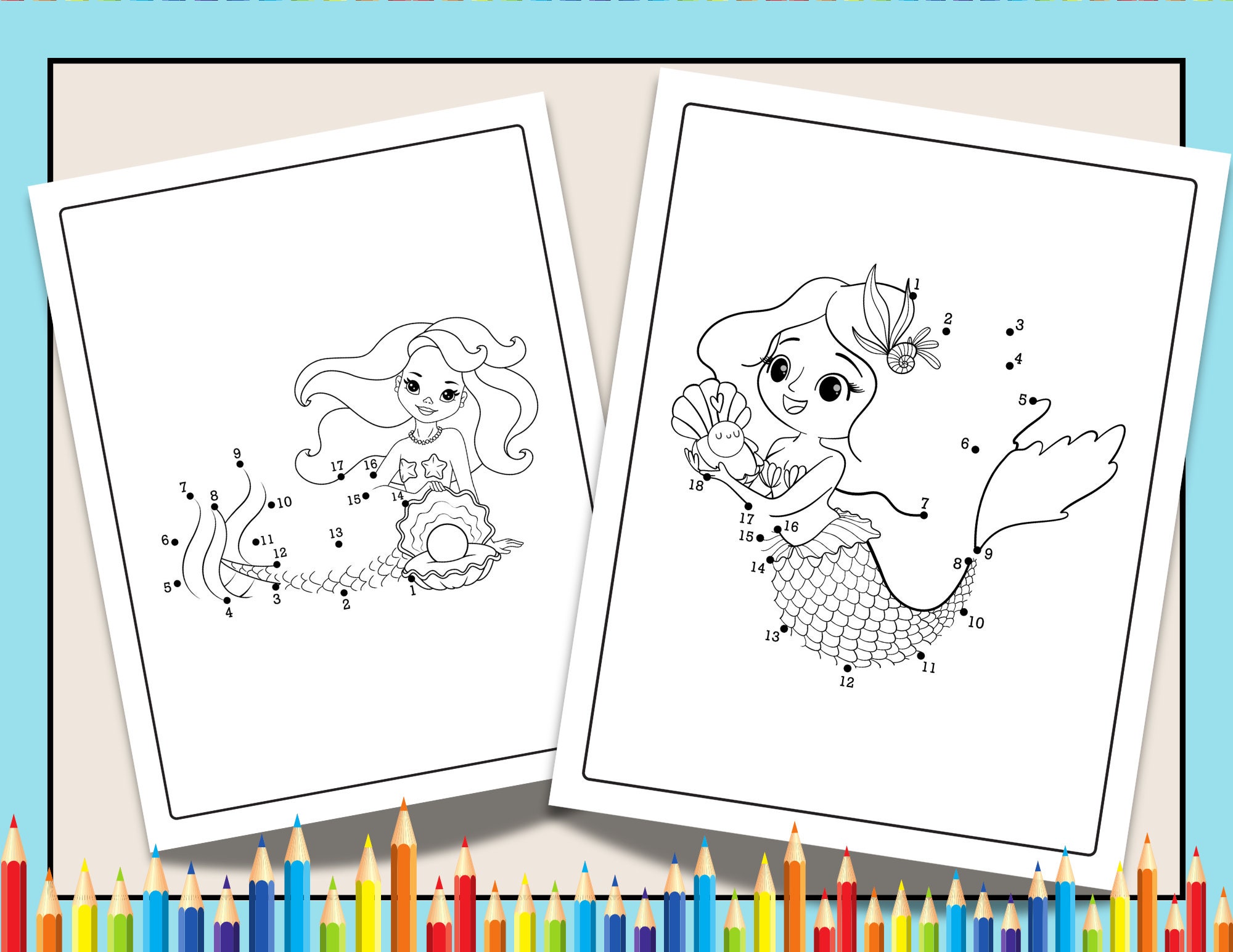 60 Mermaid Dot to Dot Activity Worksheets for Kids, All Ages, Learning ...