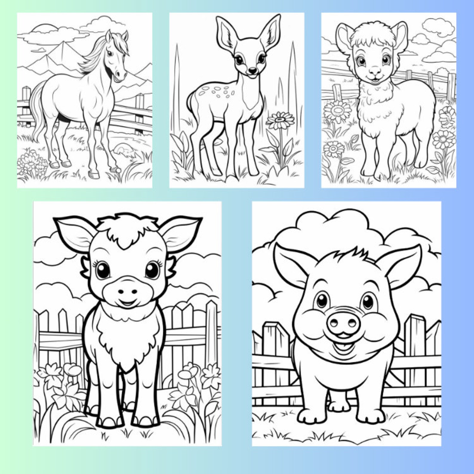 180 Cute Farm Animals Coloring Book for Kids, Printable PDF, JPG, PNG ...