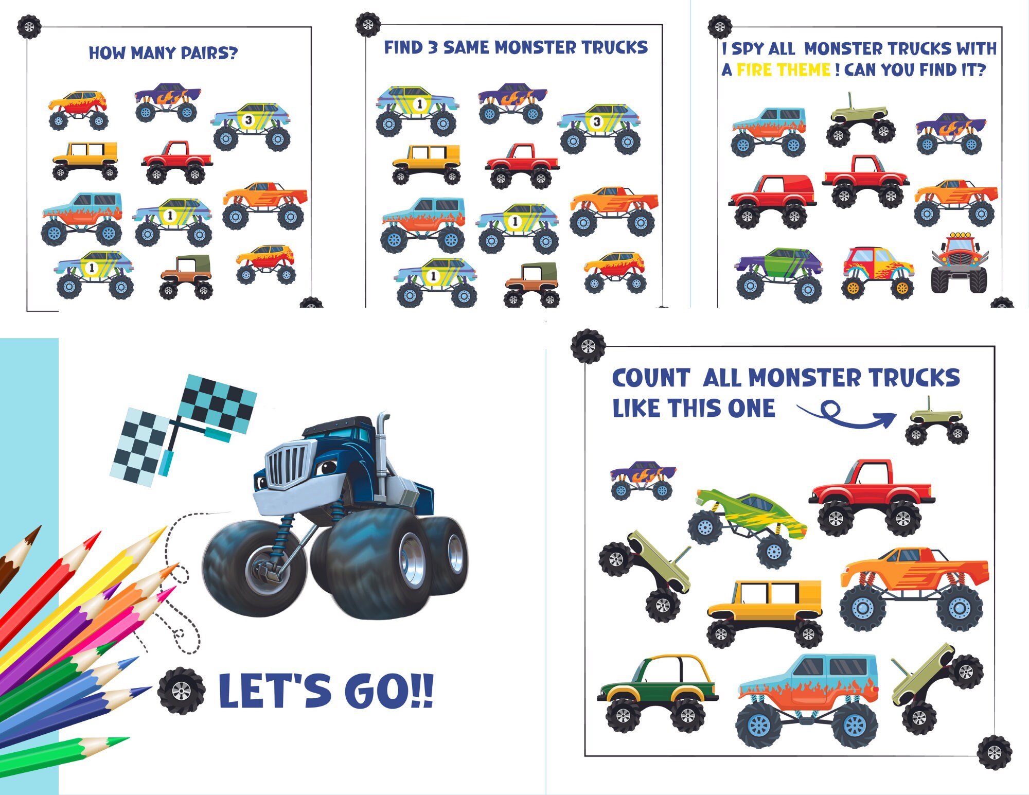 I Spy Monster Trucks, 20 Kids Activity Worksheets, Book for Kids, All ...