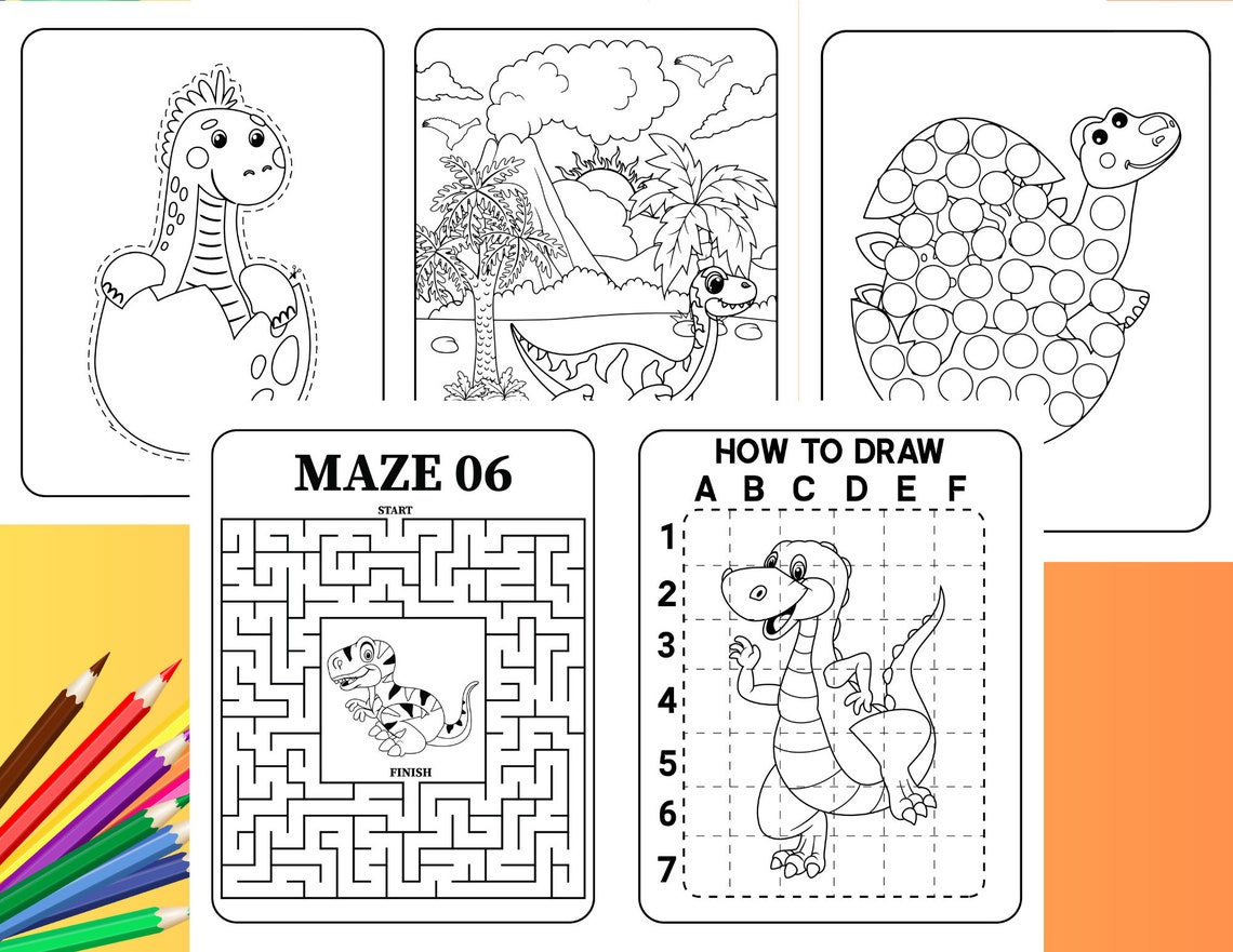 Dinosaur Adventure Activity Book for Kids Coloring Mazes Dot to Dot and ...