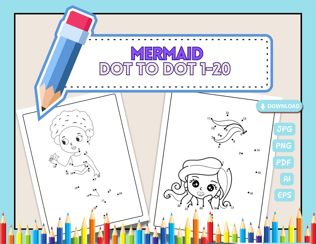 60 Mermaid Dot to Dot Activity Worksheets for Kids, All Ages, Learning ...