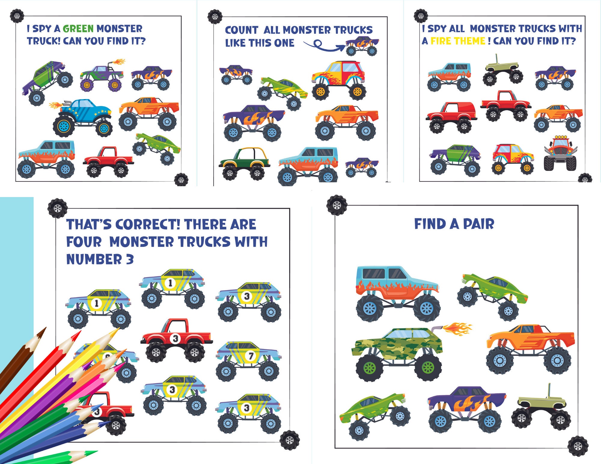 I Spy Monster Trucks, 20 Kids Activity Worksheets, Book for Kids, All ...