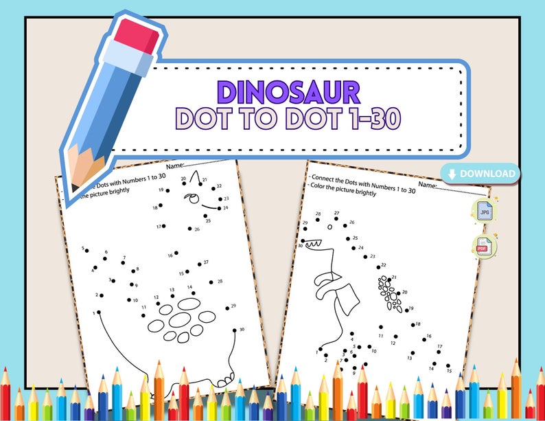 7 Dinosaur Worksheet for Kids, Dot to Dot 1-30, Printable PDF Amd JPG ...