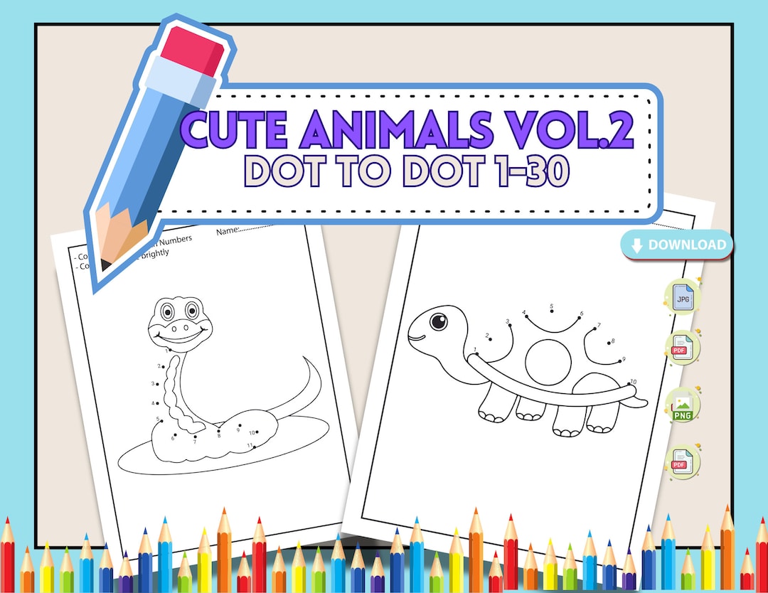 20 Cute Animal Vol.2 Worksheets for Kids, Dot to Dot 1-30, Printable ...