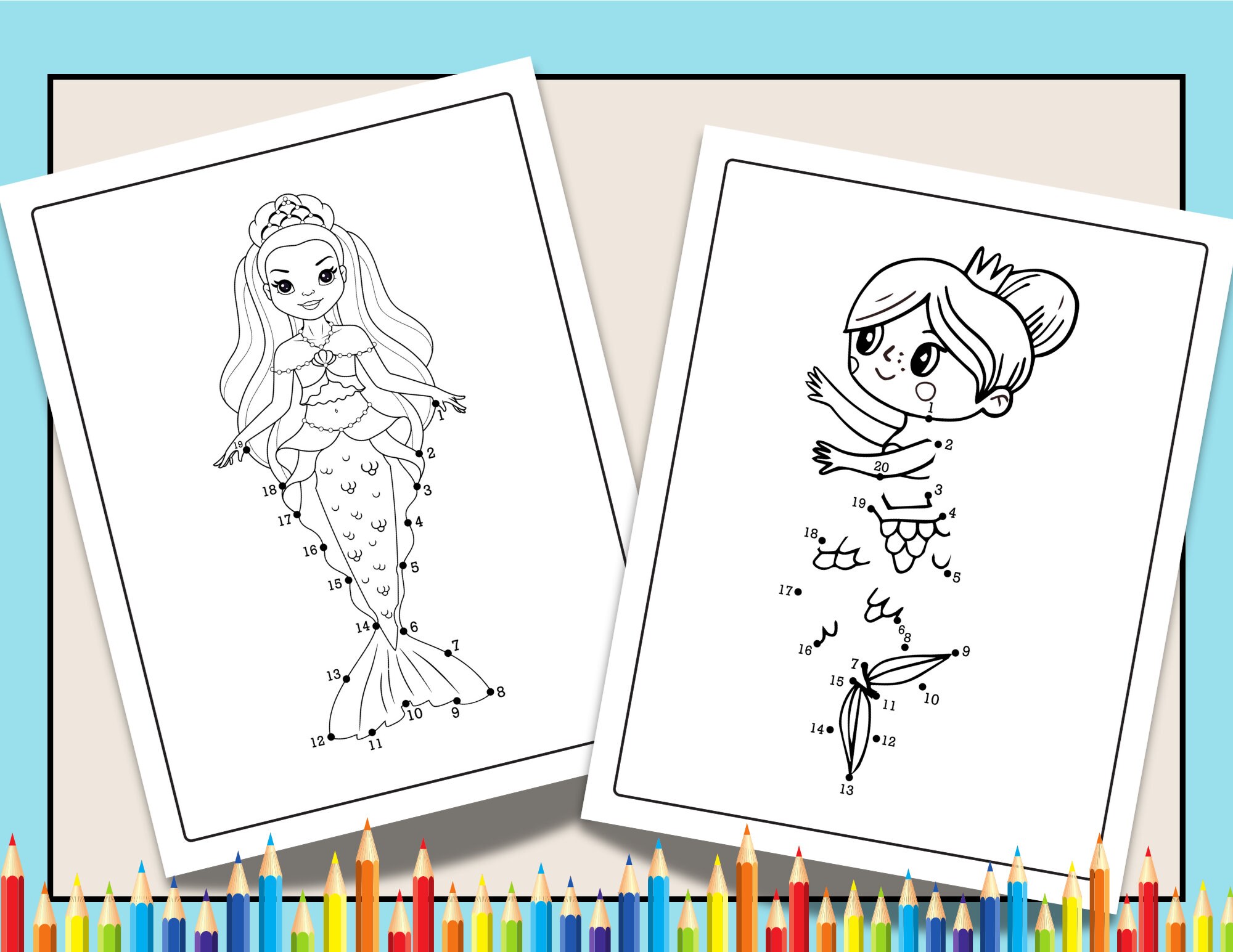60 Mermaid Dot to Dot Activity Worksheets for Kids, All Ages, Learning ...