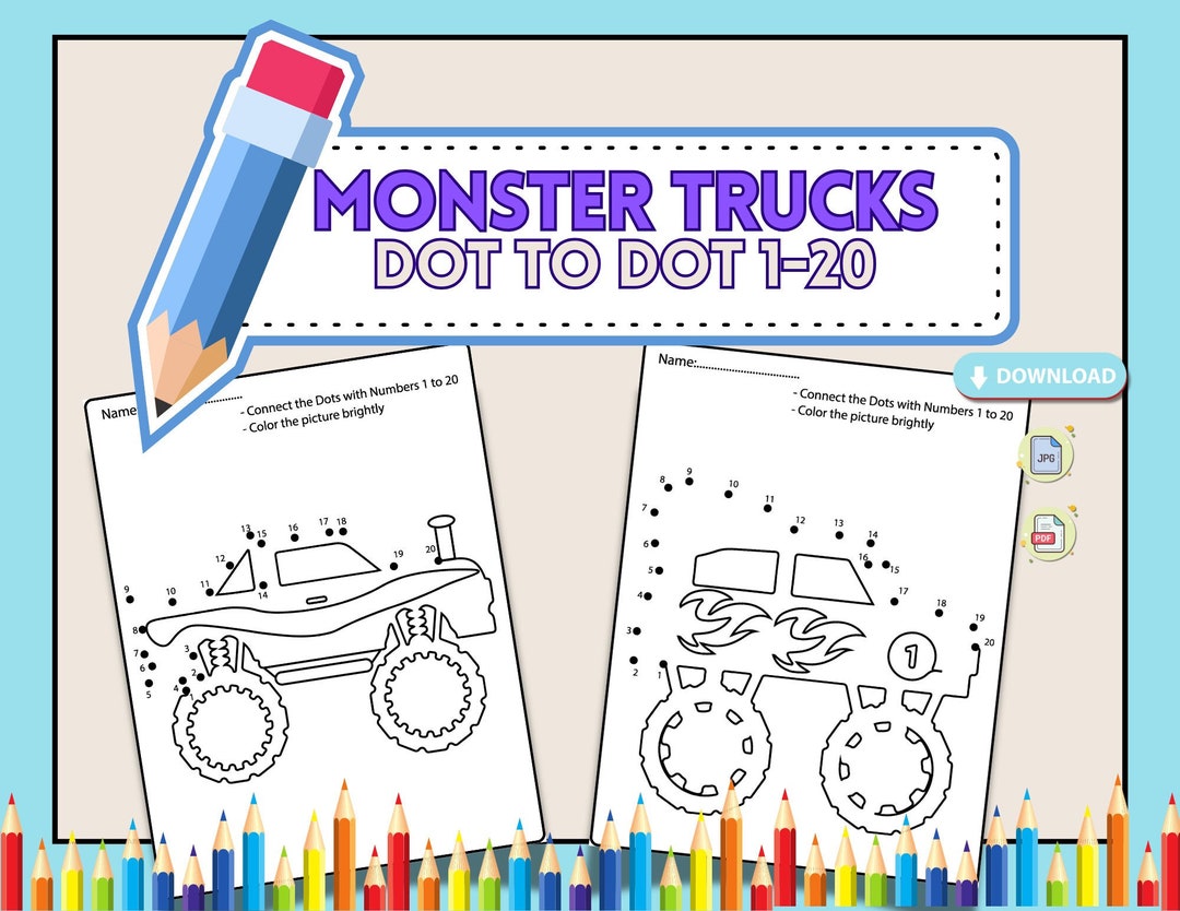 7 Monster Trucks Worksheet for Kids 4-8 Ages, Dot to Dot 1-20 ...