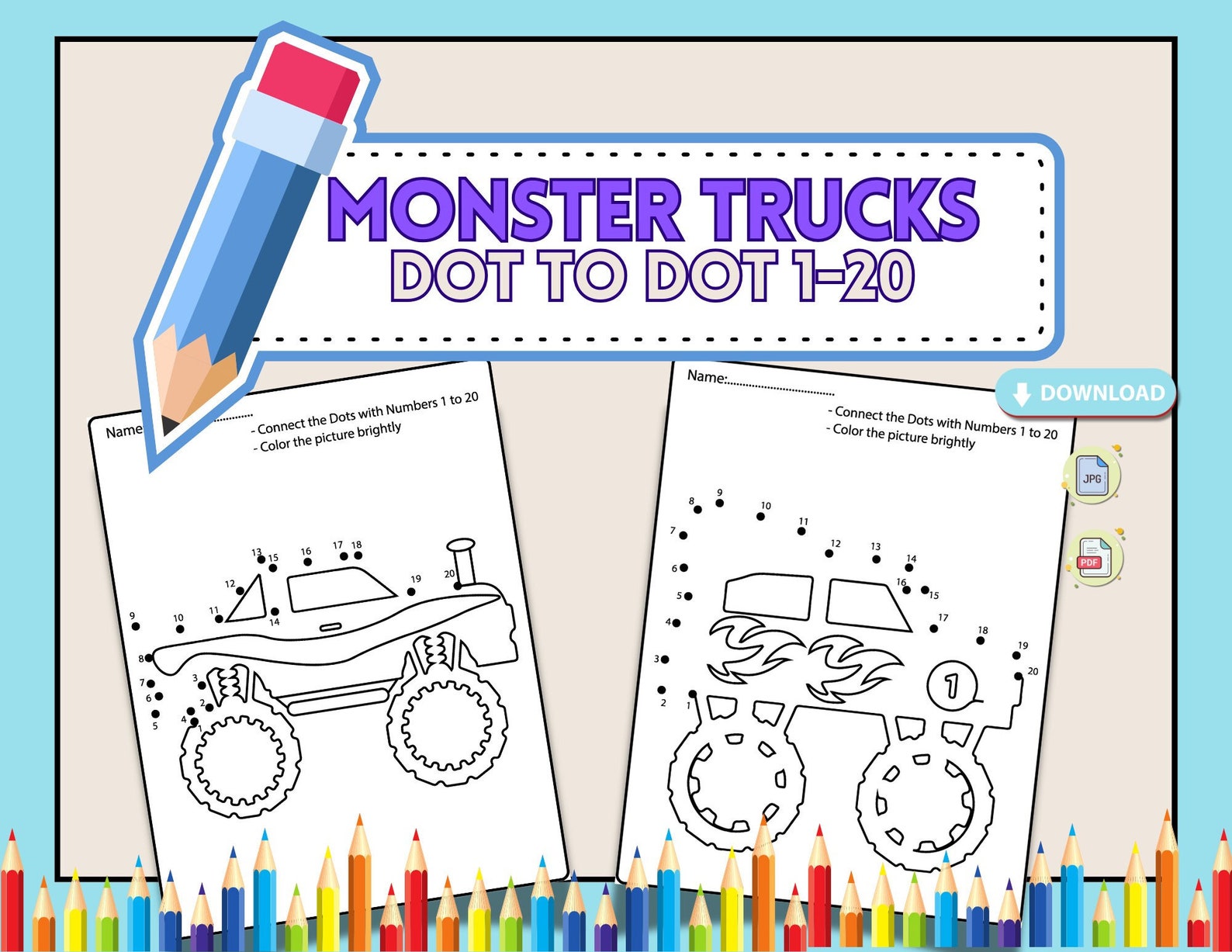 Monster Truck Dot to Dot Worksheets: Kids Activity (PDF & JPG) - Etsy