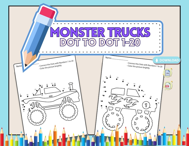 Monster Truck Dot to Dot Worksheets: Kids Activity (PDF & JPG) - Etsy