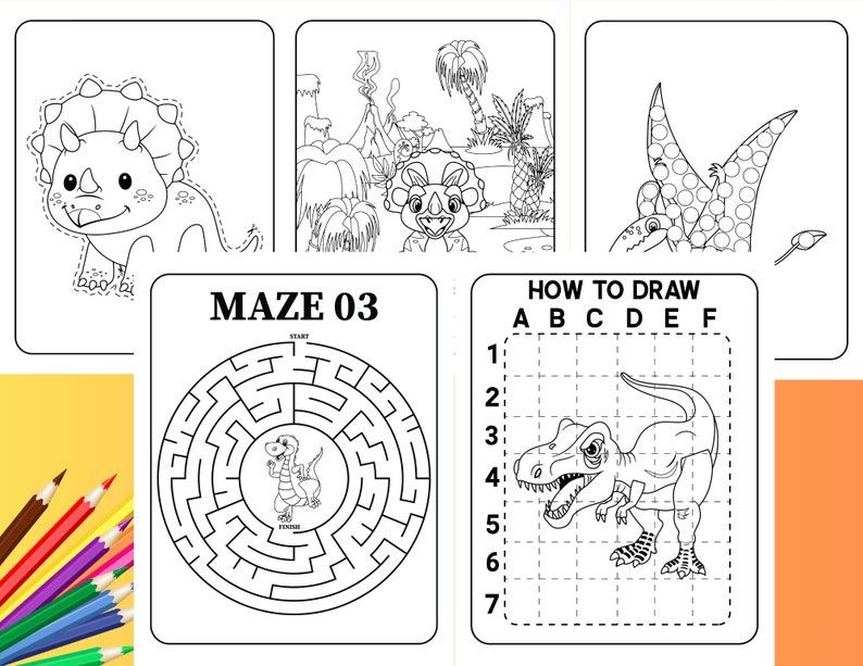 Dinosaur Adventure Activity Book for Kids Coloring Mazes Dot to Dot and ...