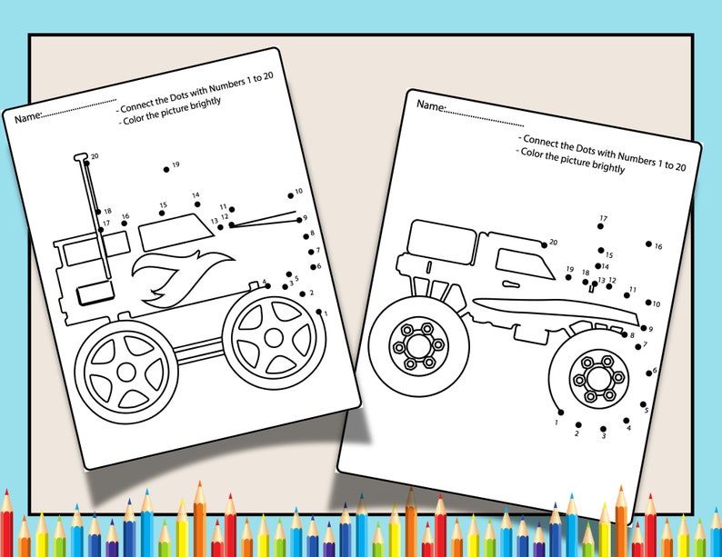 Monster Truck Dot to Dot Worksheets for Kids Ages 4 to 8 Connect the ...